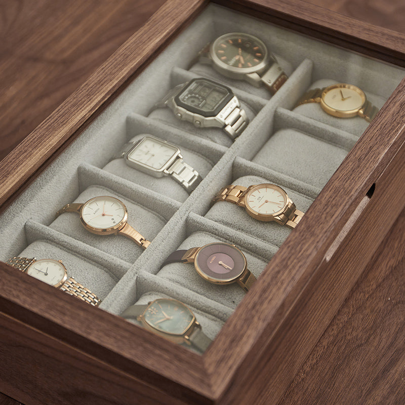 Luxury Walnut Wooden Watch Collection Box with Glass Top | Walnut Addicted